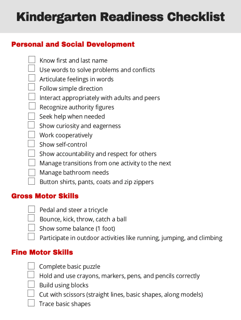 Fillable Online Kindergarten readiness checklist: skills experts say to ... Fax Email Print ...