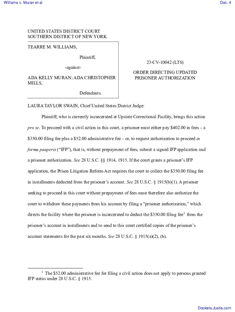 Fillable Online ORDER DIRECTING UPDATED PRISONER AUTHORIZATION. 1 Fax ...