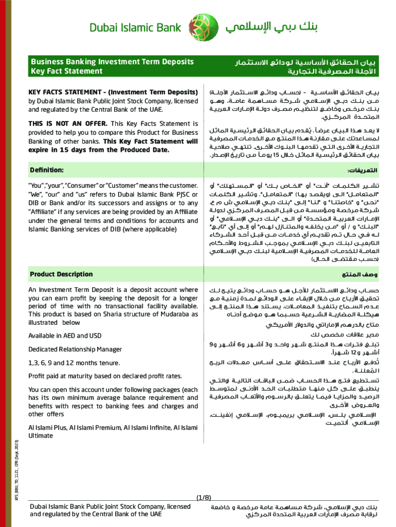 Fillable Online Key Facts Statement (KFS) Term Deposits (TD) - Invest ...