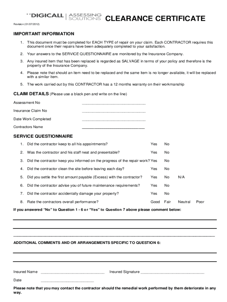 Fillable Online WAYBRIDGE MECHANICAL AND ELECTRICAL CLEARANCE ...