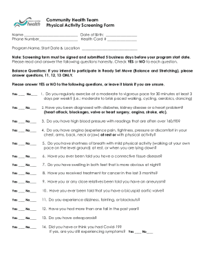 Fillable Online Community Health Team Physical Activity Screening Form ...