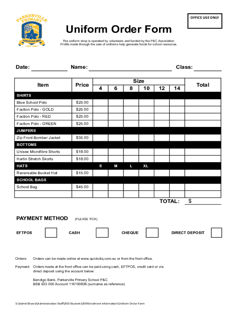 Fillable Online Uniform Shop - Clemton Park Public School P&C Fax Email ...