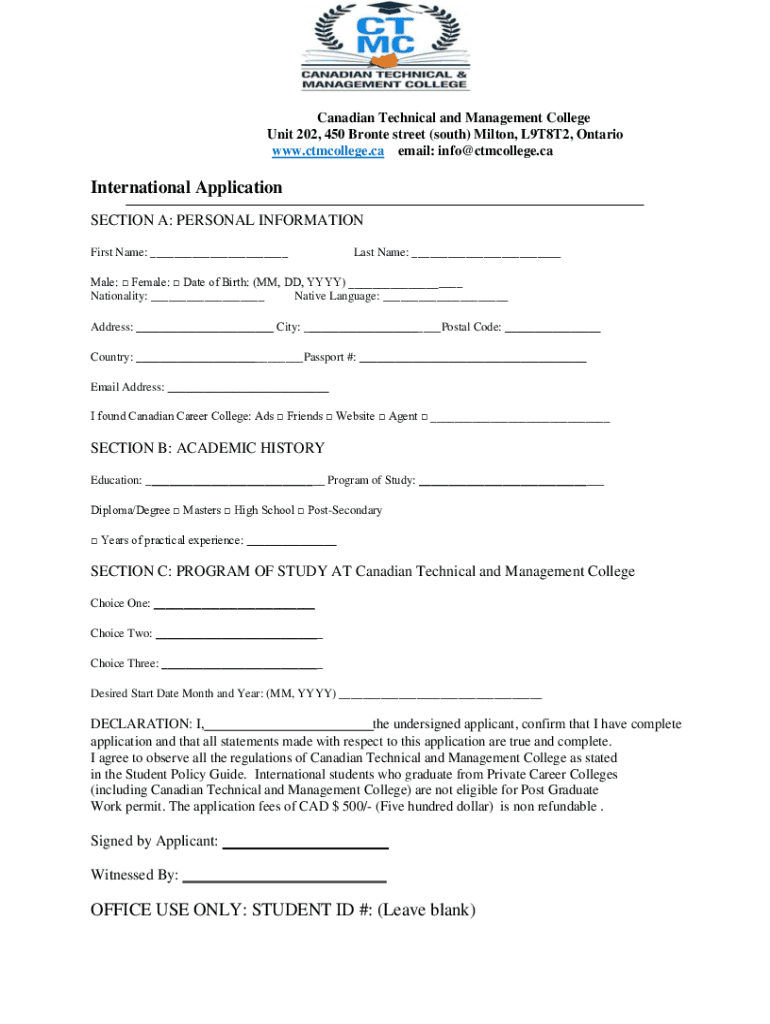 Fillable Online International Application OFFICE USE ONLY: STUDENT ID ...