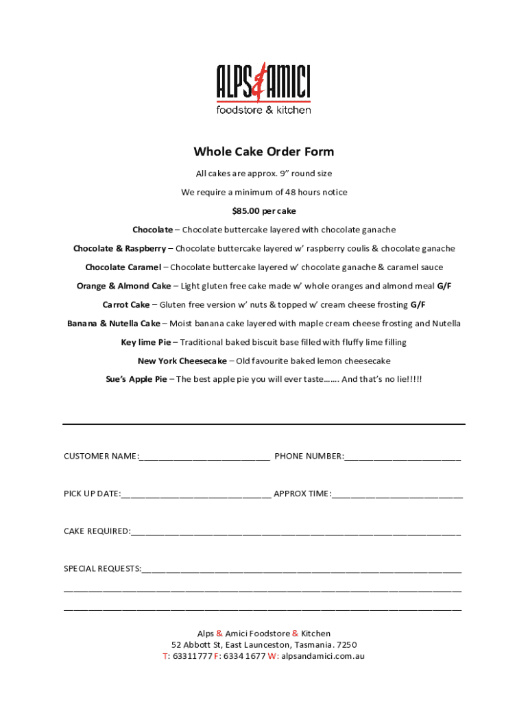 Fillable Online Order Bakery Cakes and Custom Personalized Cakes Fax ...