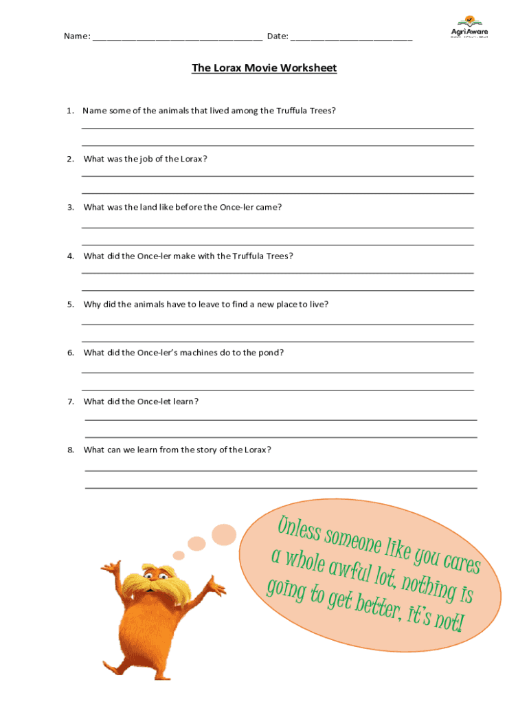 Fillable Online The Lorax Worksheet - The Lorax Name Matthew Dennis Fax ...