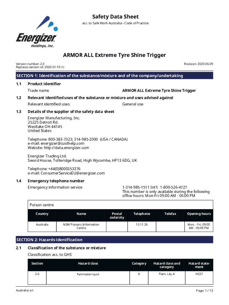 Fillable Online Safety Data Sheet: ARMOR ALL Extreme Tyre Shine Trigger ...