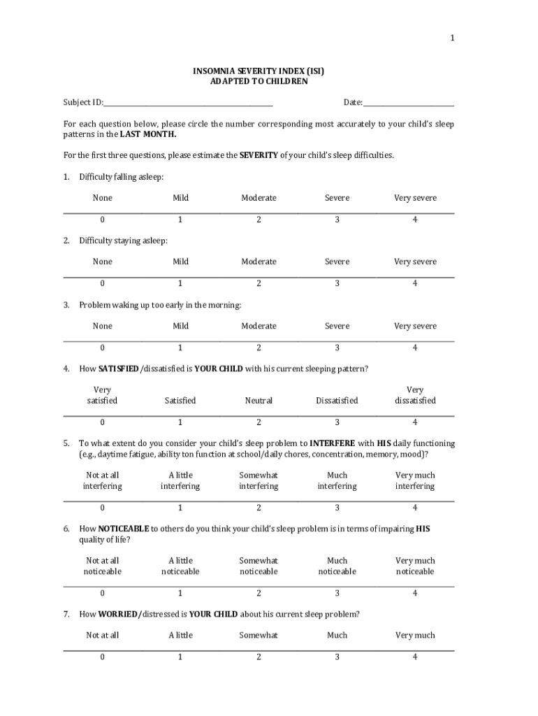 Fillable Online The Insomnia Severity Index: Psychometric Indicators to ...
