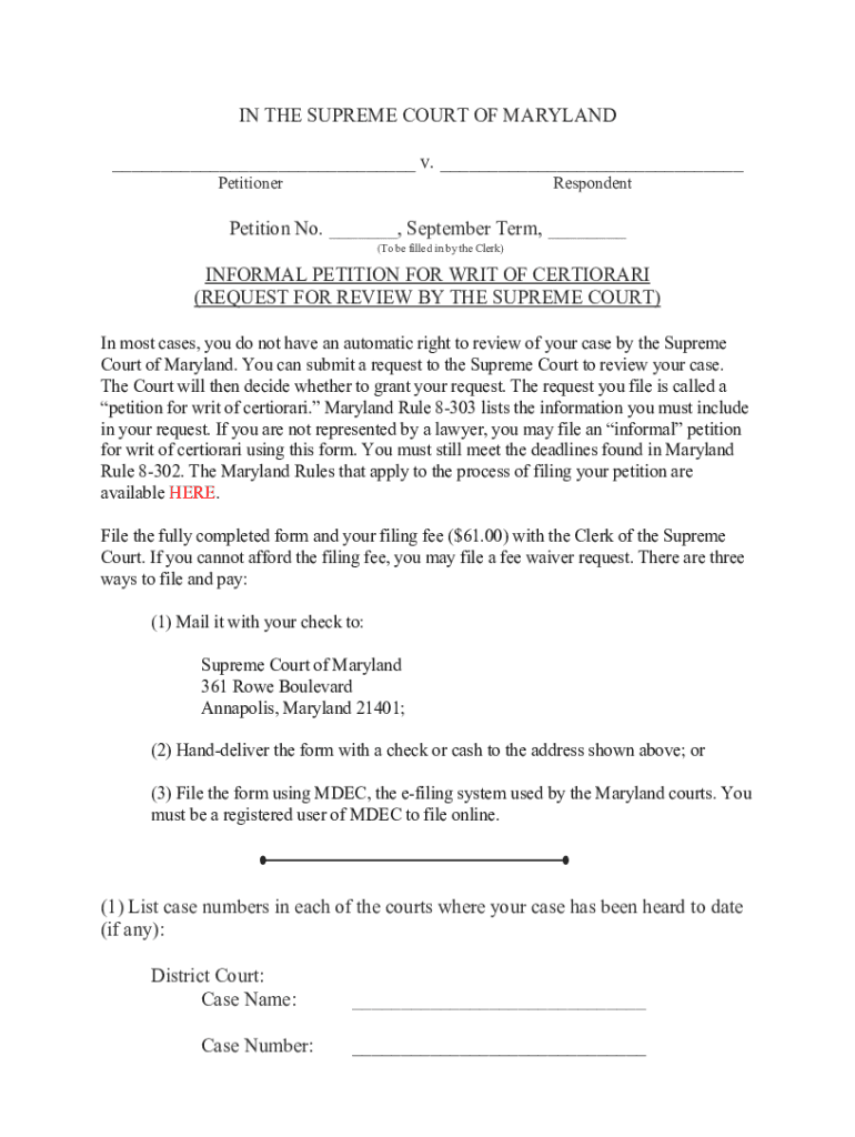 Fillable Online Rule 8-303 - Petition for Writ of Certiorari-Procedure, Md. R ... Fax Email ...