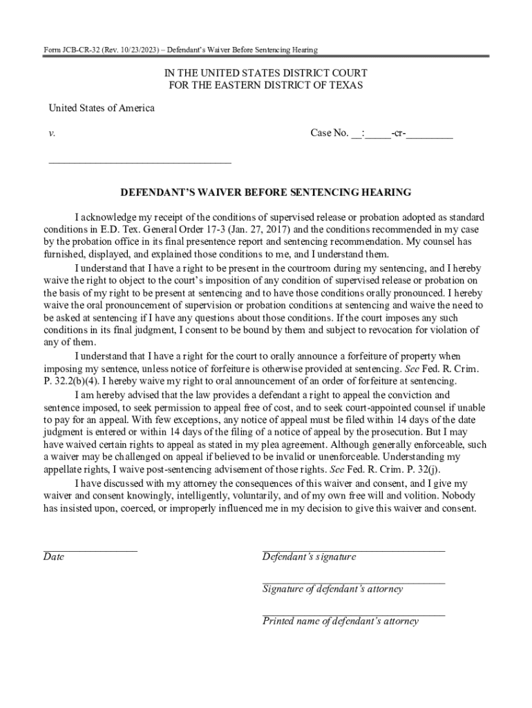 Fillable Online Form JCB-CR-32 Defendant's Waiver Before Sentencing ...