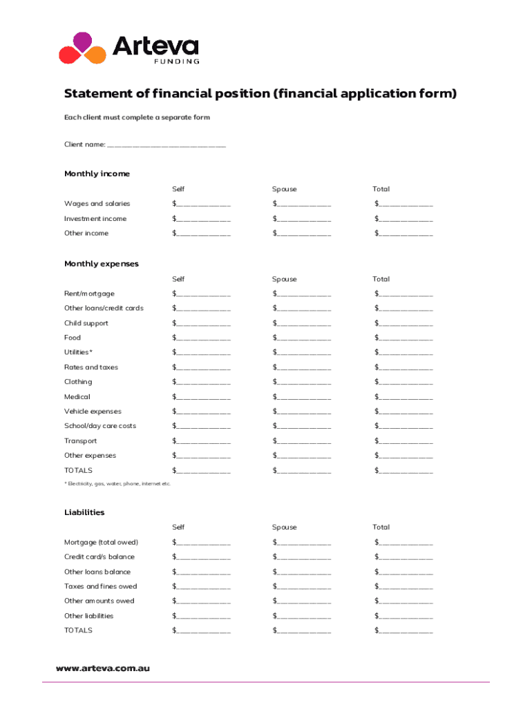 Fillable Online Statement of financial position (financial application ...