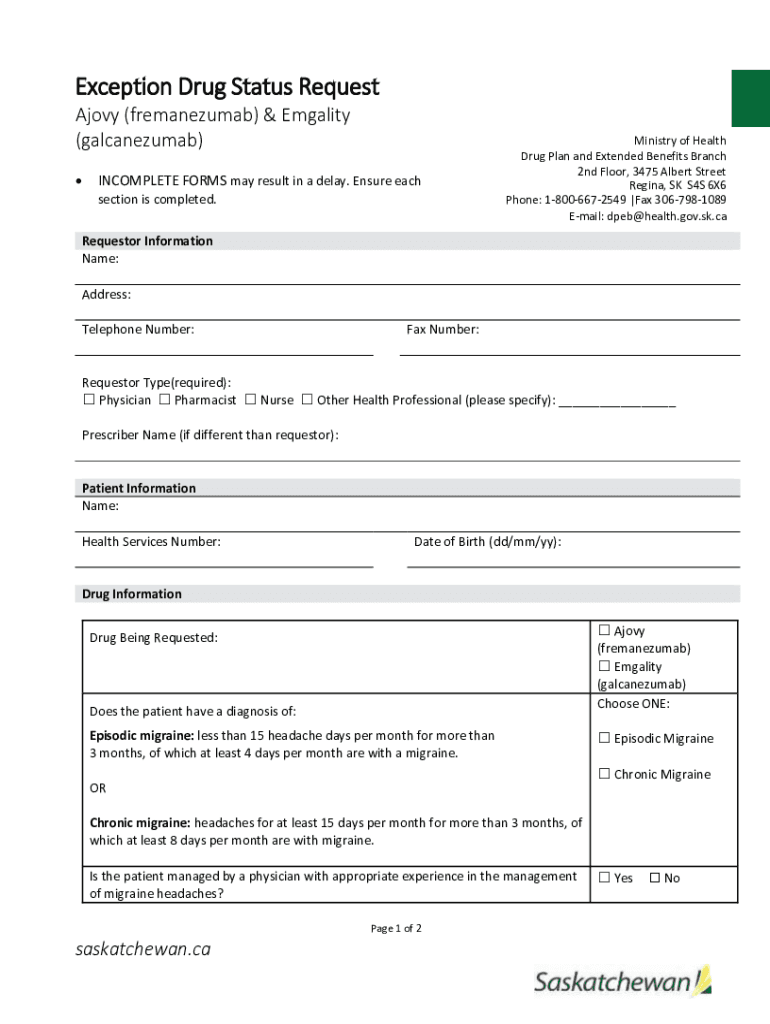Fillable Online Exception Drug Status Request - Ajovy (fremanezumab ...