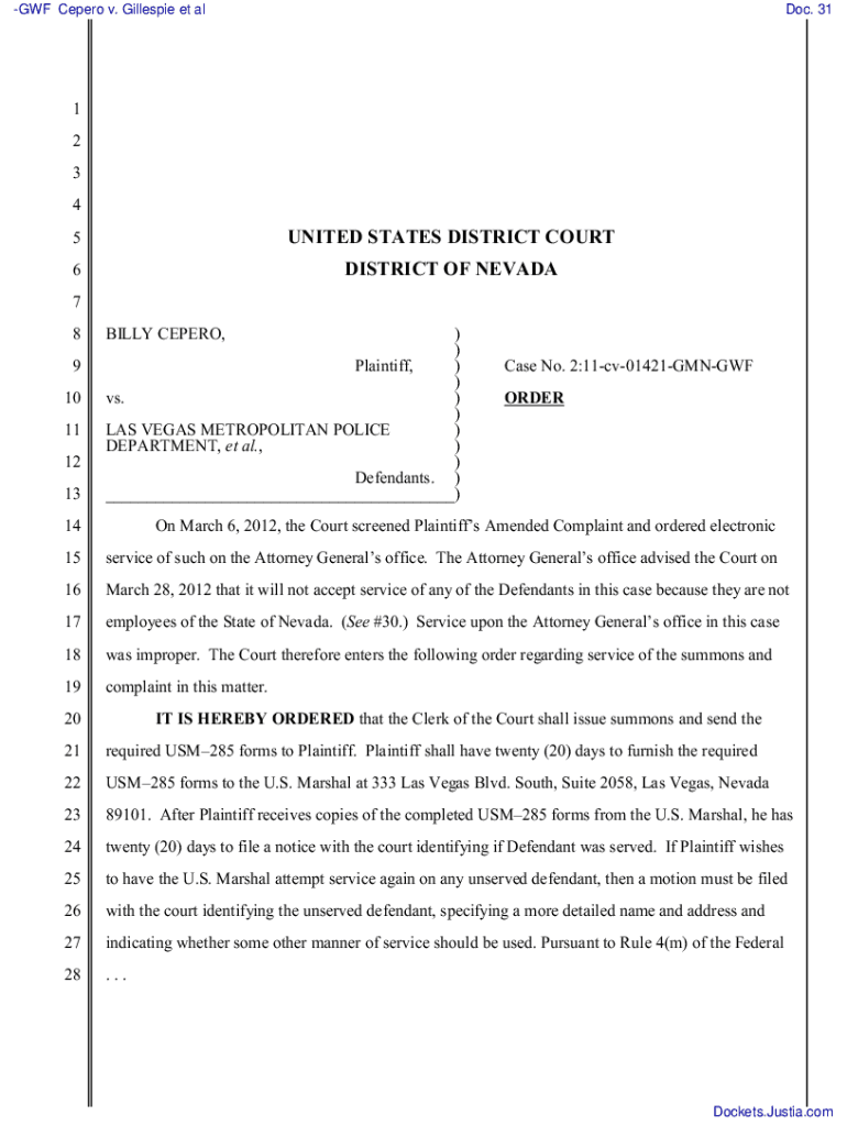 Fillable Online ORDER for the Issuance of Summons. Clerk shall issue ...