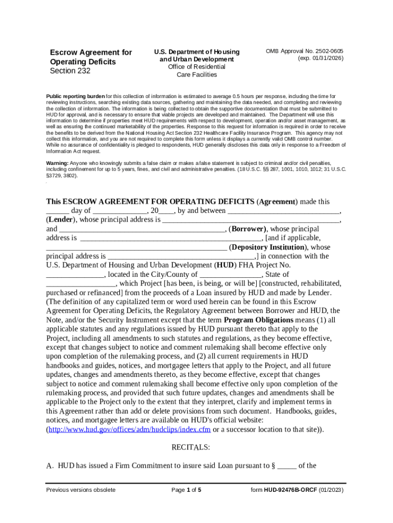 HUD-5960 Escrow Agreement for Deferred Repairs ... Doc Template | pdfFiller