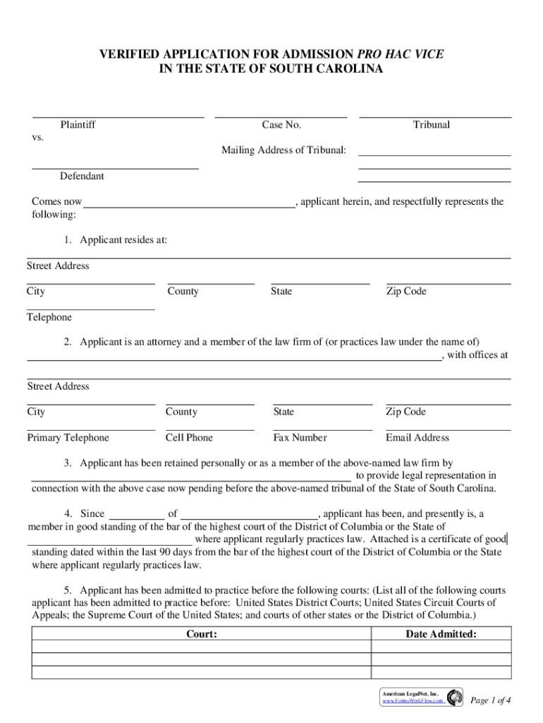 Fillable Online verified application for admission pro hac vice in the state ... Fax Email Print ...