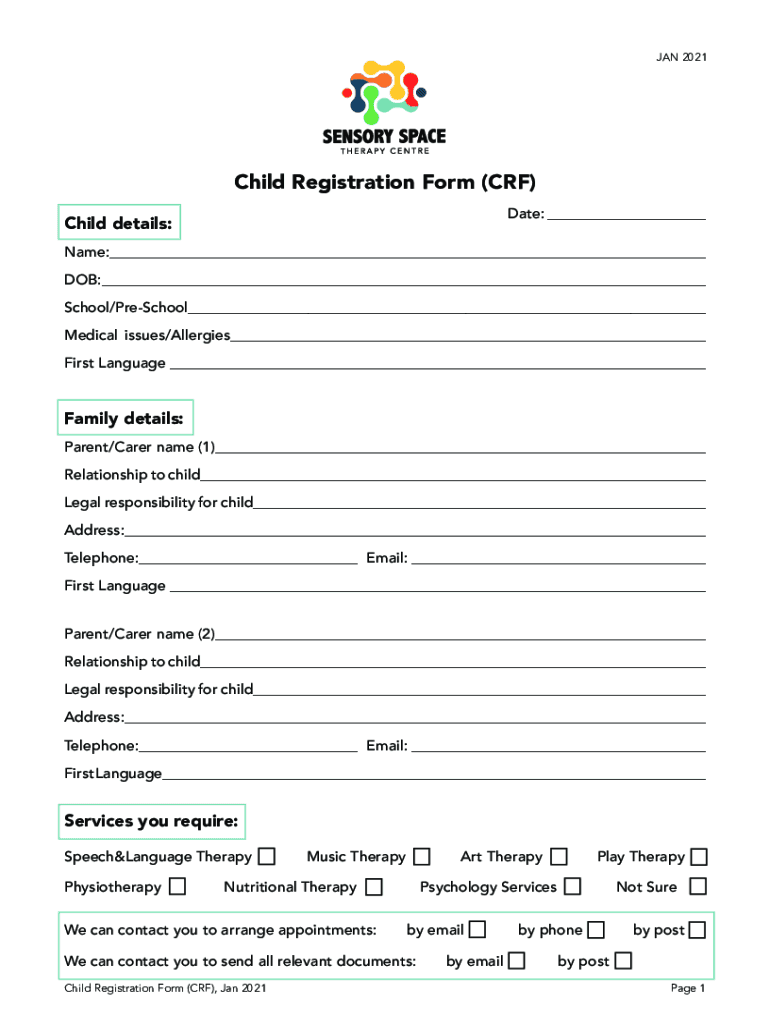 Fillable Online Child Registration Form (CRF) - Sensory Space Fax Email ...