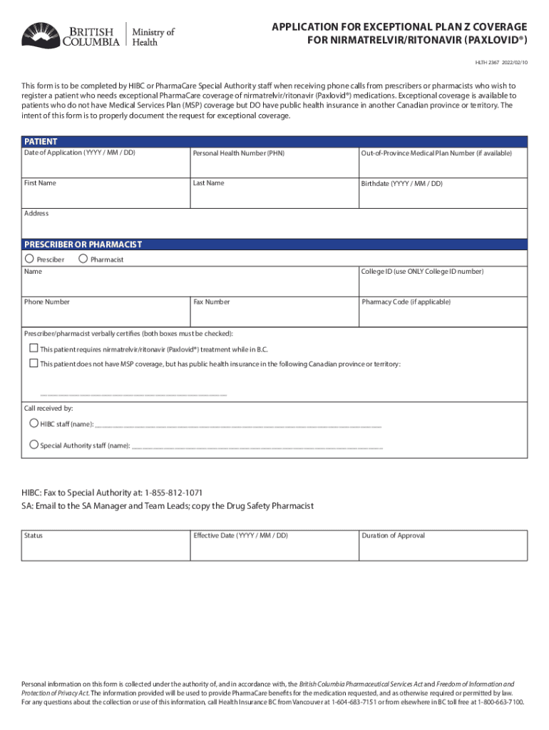 Fillable Online Application for Exceptional Plan Z Coverage for ...