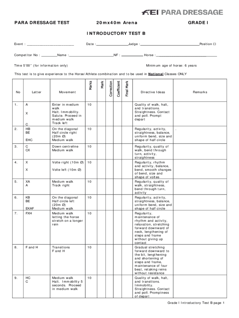 Fillable Online PARA DRESSAGE TEST 20mx40m Arena GRADE I ... - Skor.ie ...