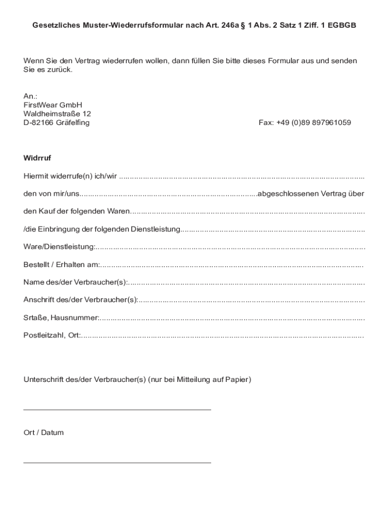 Ausfüllbar Online Gesetzliches Muster-Wiederrufsformular nach Art. 246a1 ... Fax Email Drucken ...