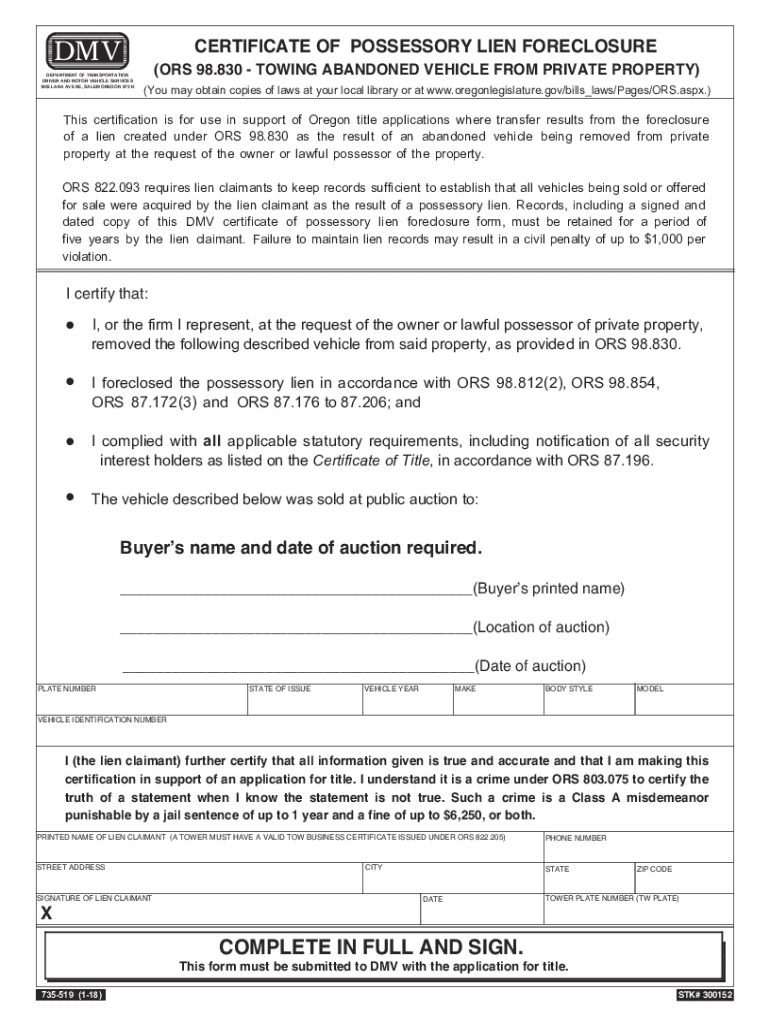 Fillable Online Oregon Automotive Repair Certificate Of Possessory Lien ...