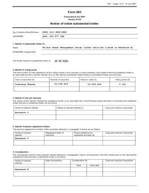 Fillable Online ASIC form 603 Notice of initial substantial shareholder ...