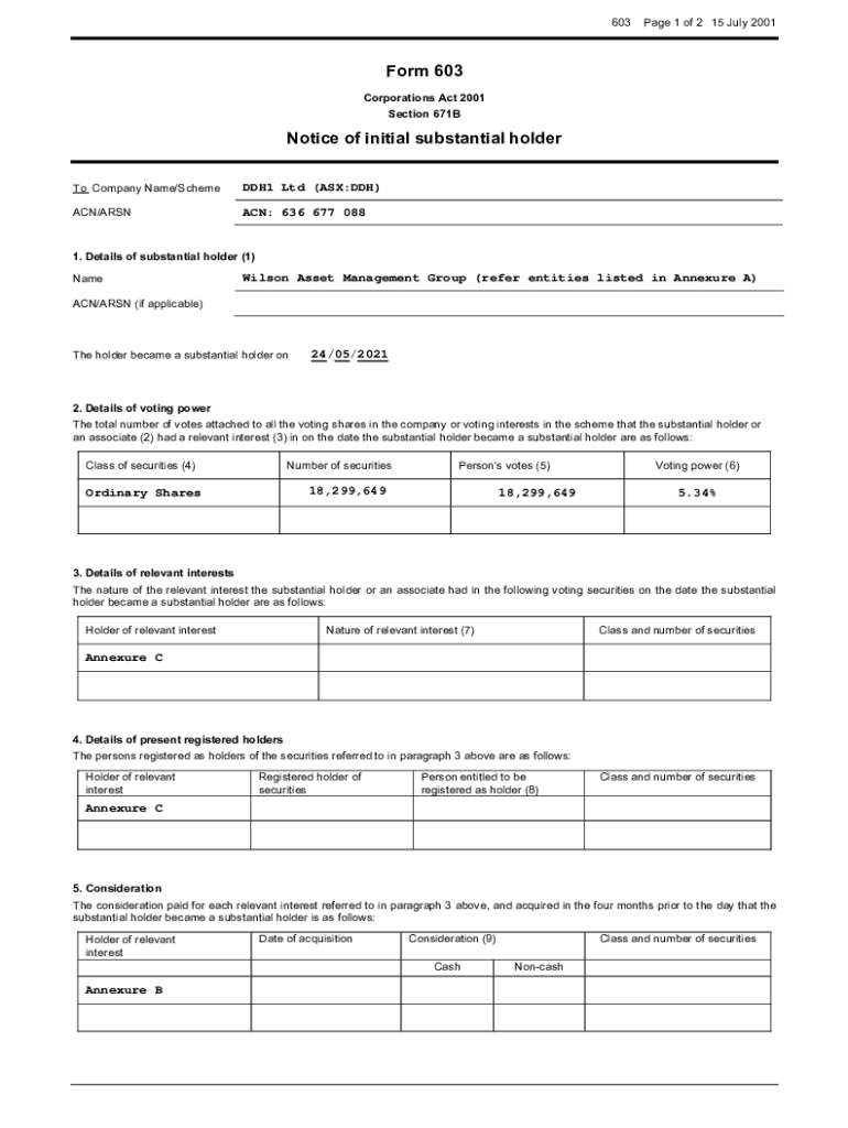Fillable Online ASIC form 603 Notice of initial substantial shareholder ...