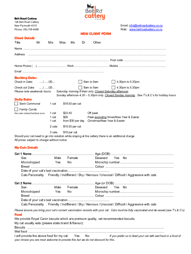 Fillable Online NEW CLIENT FORM Client Details Booking Dates Daily ...