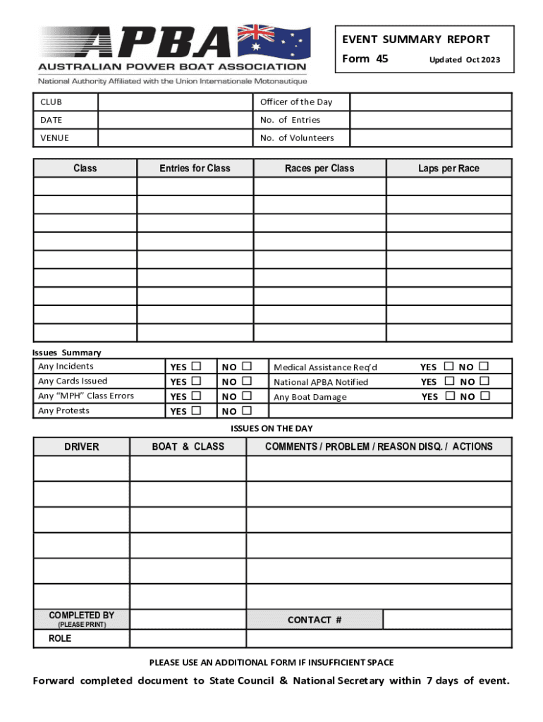 Fillable Online EVENT SUMMARY REPORT Form 45 - APBA Fax Email Print - pdfFiller