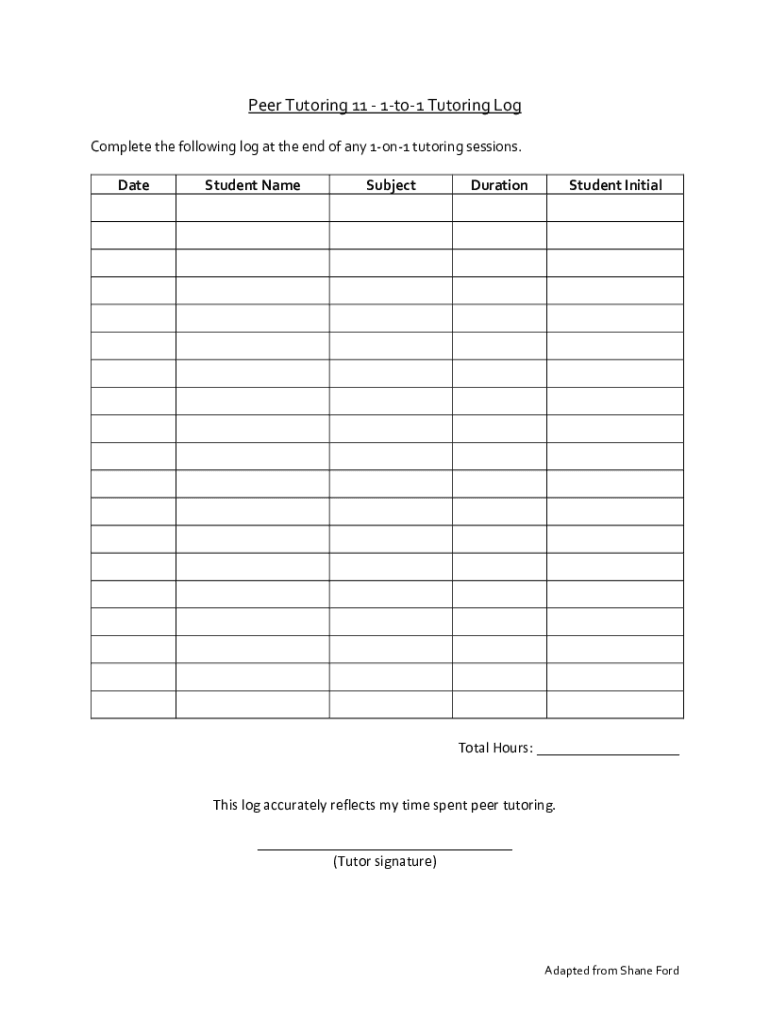 Fillable Online Peer Tutoring 11 - 1-to-1 Tutoring Log Fax Email Print ...