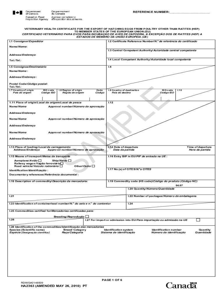 Preenchível Disponível veterinary certificate for export of hatching eggs of poultry ... Fax ...