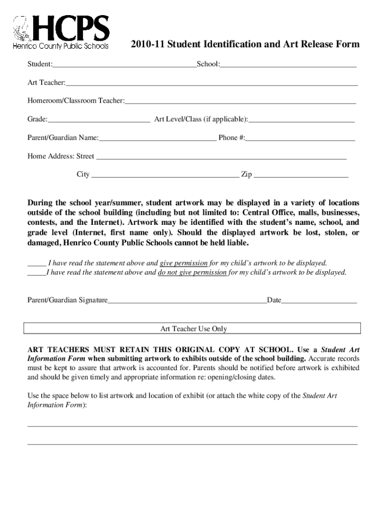 Fillable Online 2010-11 Student Identification and Art Release Form Fax ...