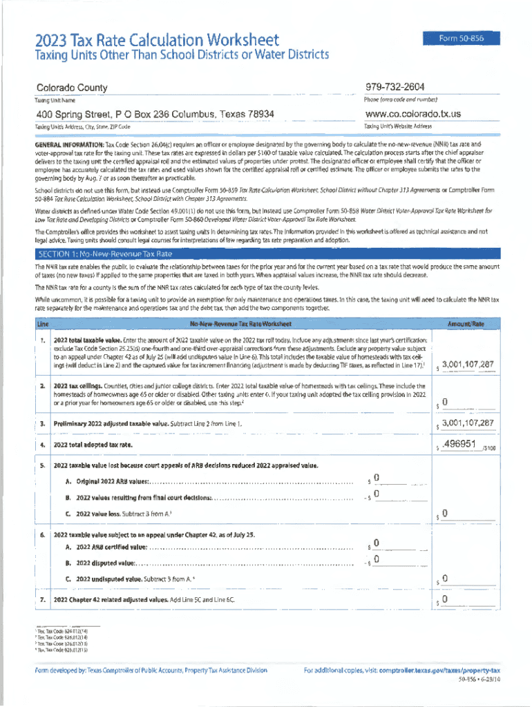 Fillable Online 2023 Tax Rate Calculation Worksheet - Colorado County ...