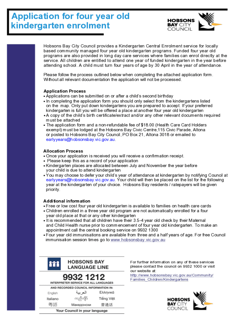 Fillable Online Application for four year old kindergarten enrolment ...