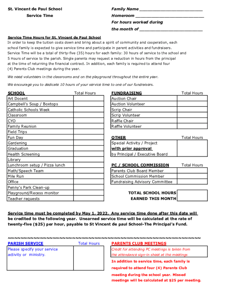 Fillable Online St. Vincent de Paul School Family Name Service Time ...