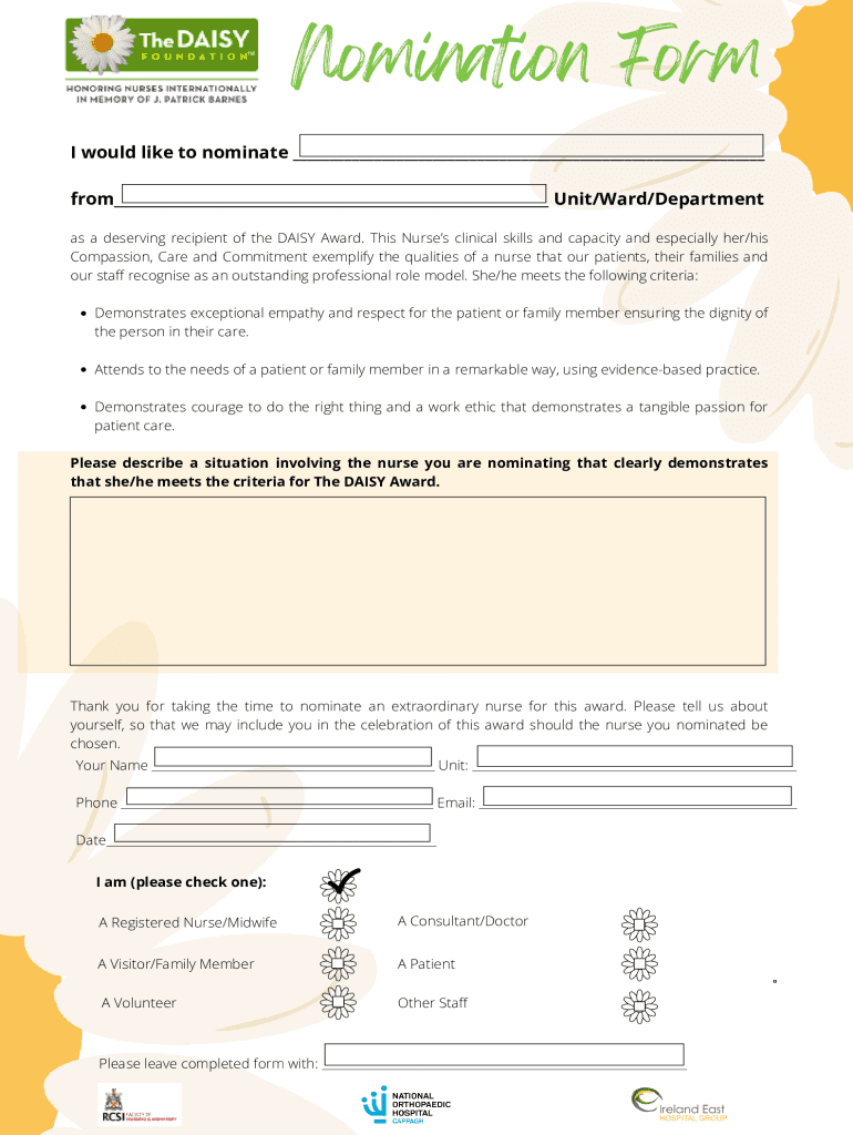 Fillable Online DAISY Nurse Award Nomination FormUK HealthCare Fax Email Print - pdfFiller