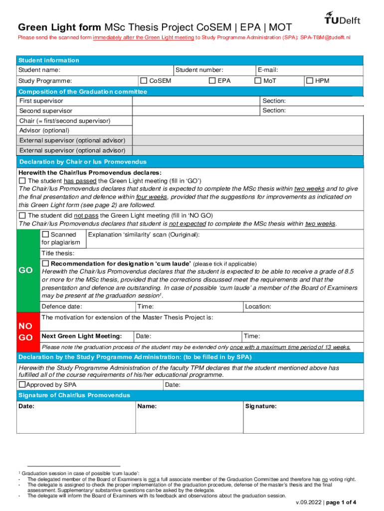 Fillable Online Green Light form MSc Thesis Project CoSEM EPA MOT Fax ...