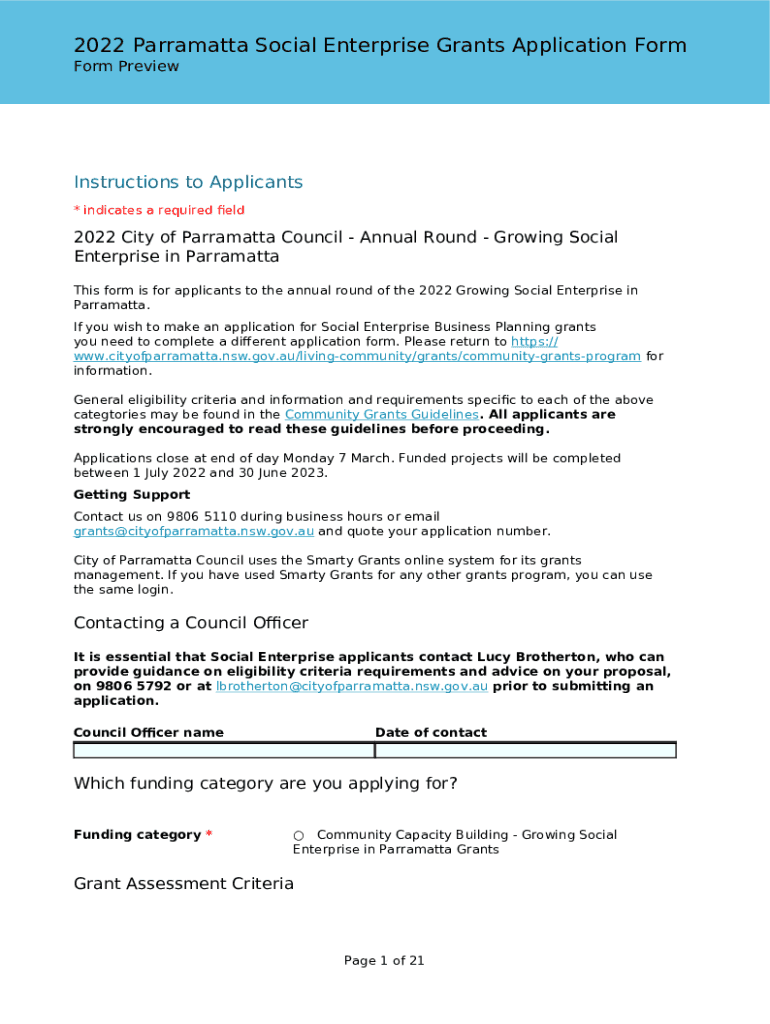 Fillable Online 2022 Parramatta Social Enterprise Grants Application Form Fax Email Print ...