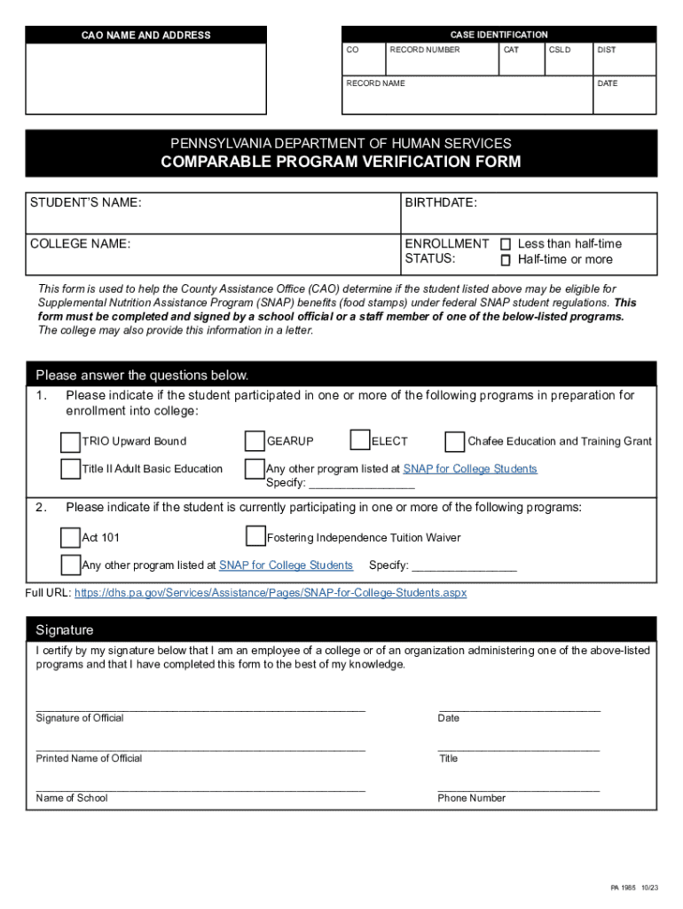 Fillable Online services dpw state pa COMPARABLE PROGRAM VERIFICATION ...