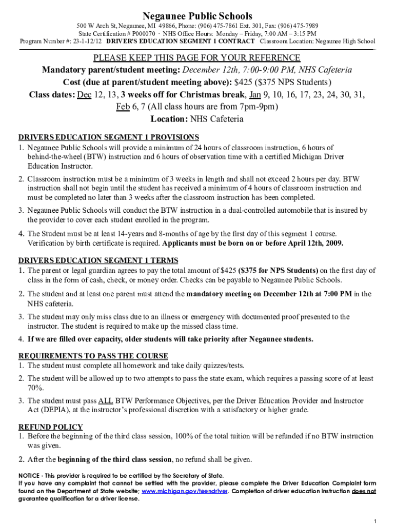 Fillable Online negaunee k12 mi Dec Drivers 1 Contract Fax Email Print - pdfFiller