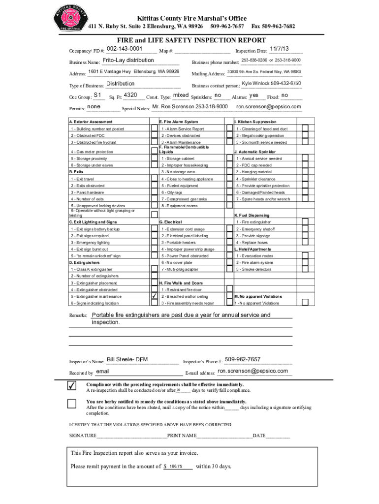Fillable Online FIRE and LIFE SAFETY INSPECTION REPORT - Kittitas ...