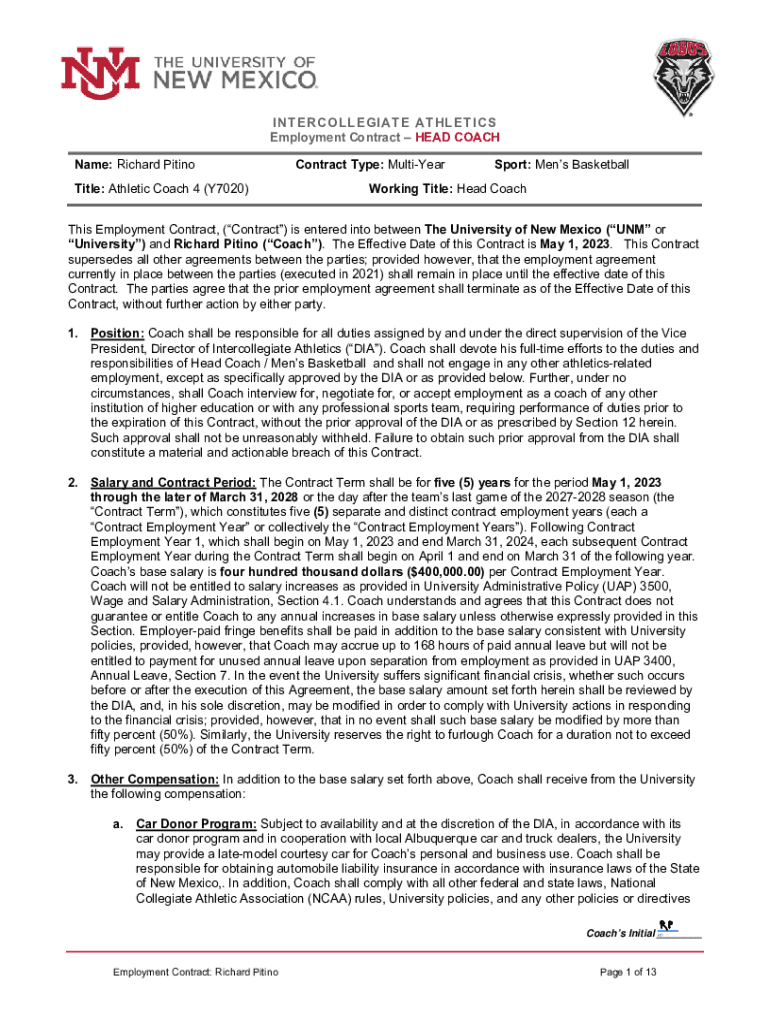 Fillable Online INTERCOLLEGIATE ATHLETICS Employment Contract HEAD ...