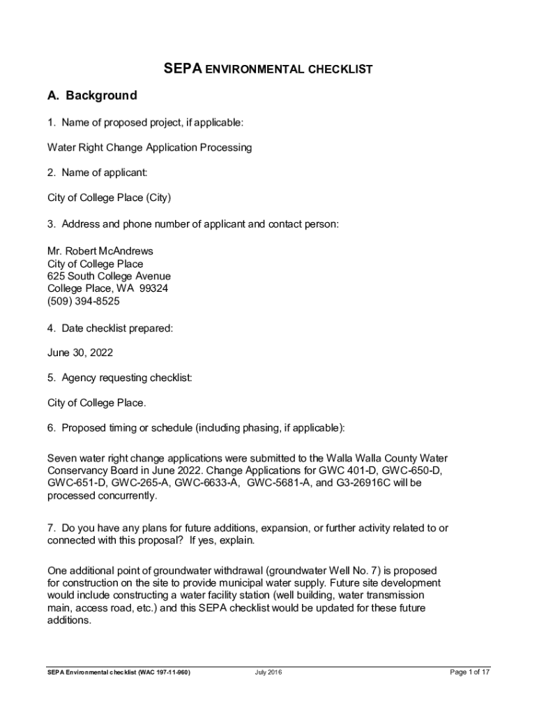 Fillable Online SEPAENVIRONMENTAL CHECKLIST - Online Permitting Portal ...