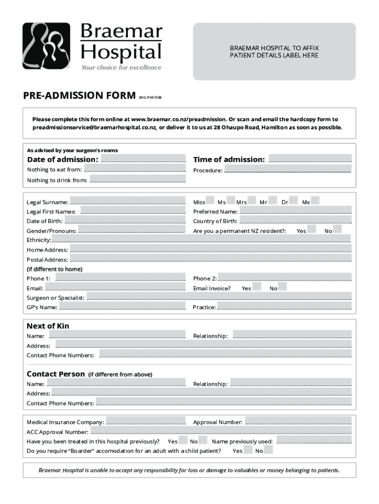 Fillable Online PRE-ADMISSION FORM - Hamilton Fax Email Print - pdfFiller