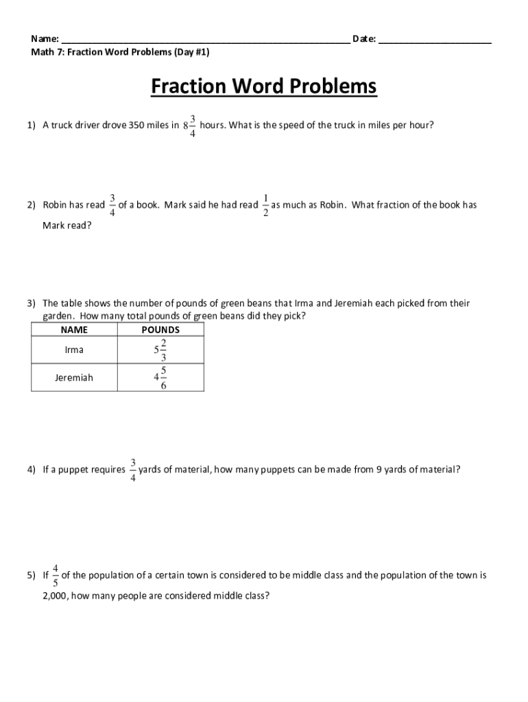 Fillable Online Fraction Word Problems Mary needs to order pizza for 18 ...