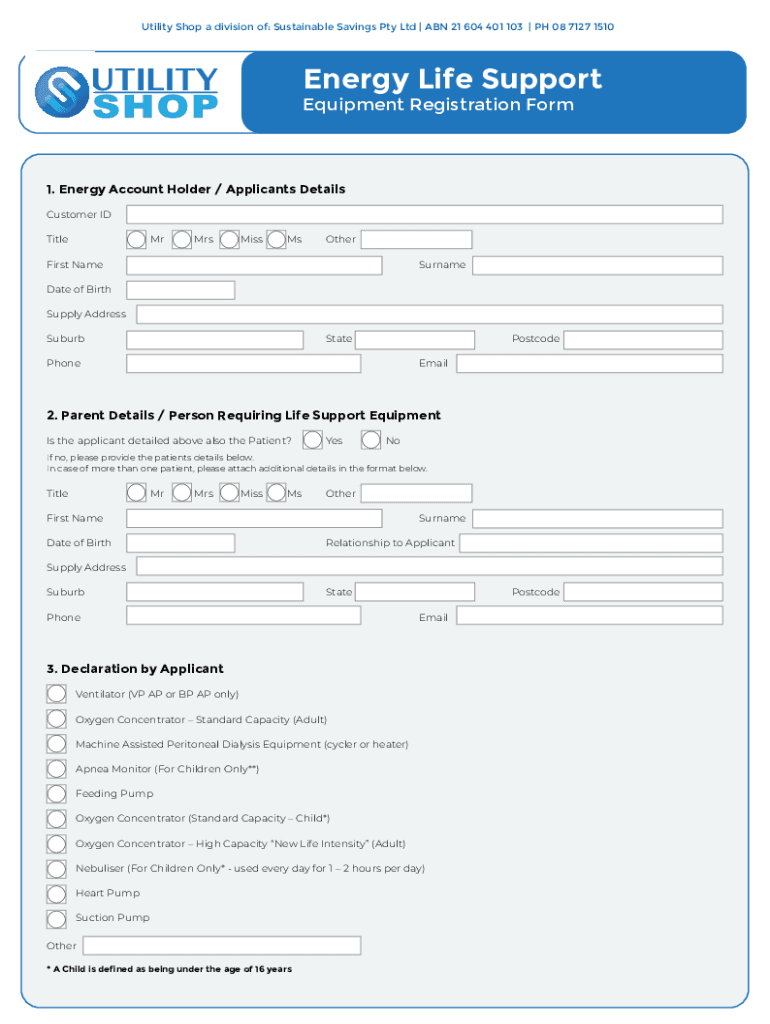 Fillable Online Energy Life Support - utilityshop.com.au Fax Email ...