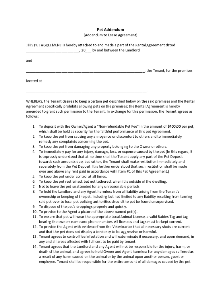 Fillable Online THIS PET AGREEMENT is hereby attached to and made a ...