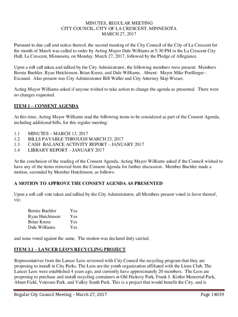 Fillable Online Hall, La Crescent, Minnesota, on Monday, March 27, 2017 ...