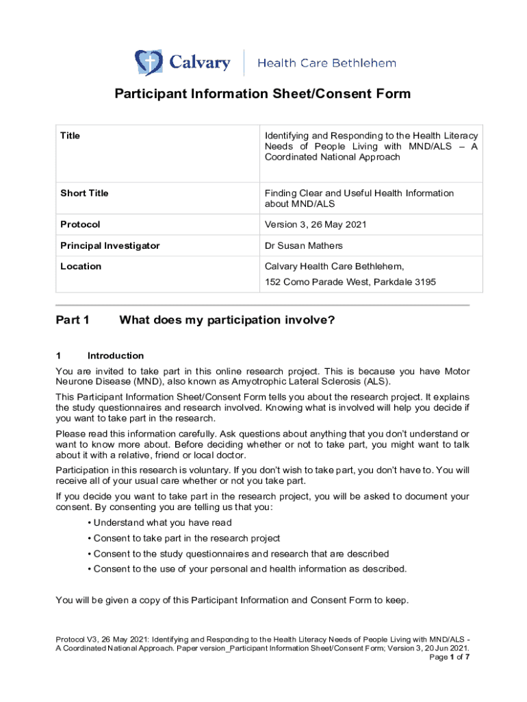 Fillable Online Health Literacy Consent FormHuman Studies Research ...