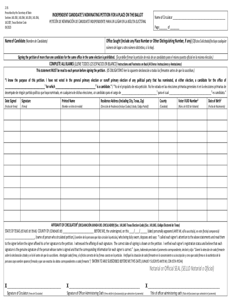 Completable En línea Texas Election Code - ELEC141.065. Affidavit of ...