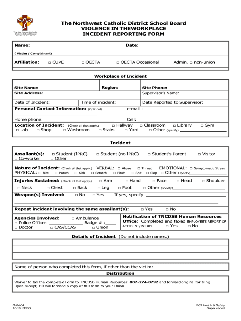 Fillable Online WORkpLACE VIOLENT INCIDENT REpORT FORM ... Fax Email ...