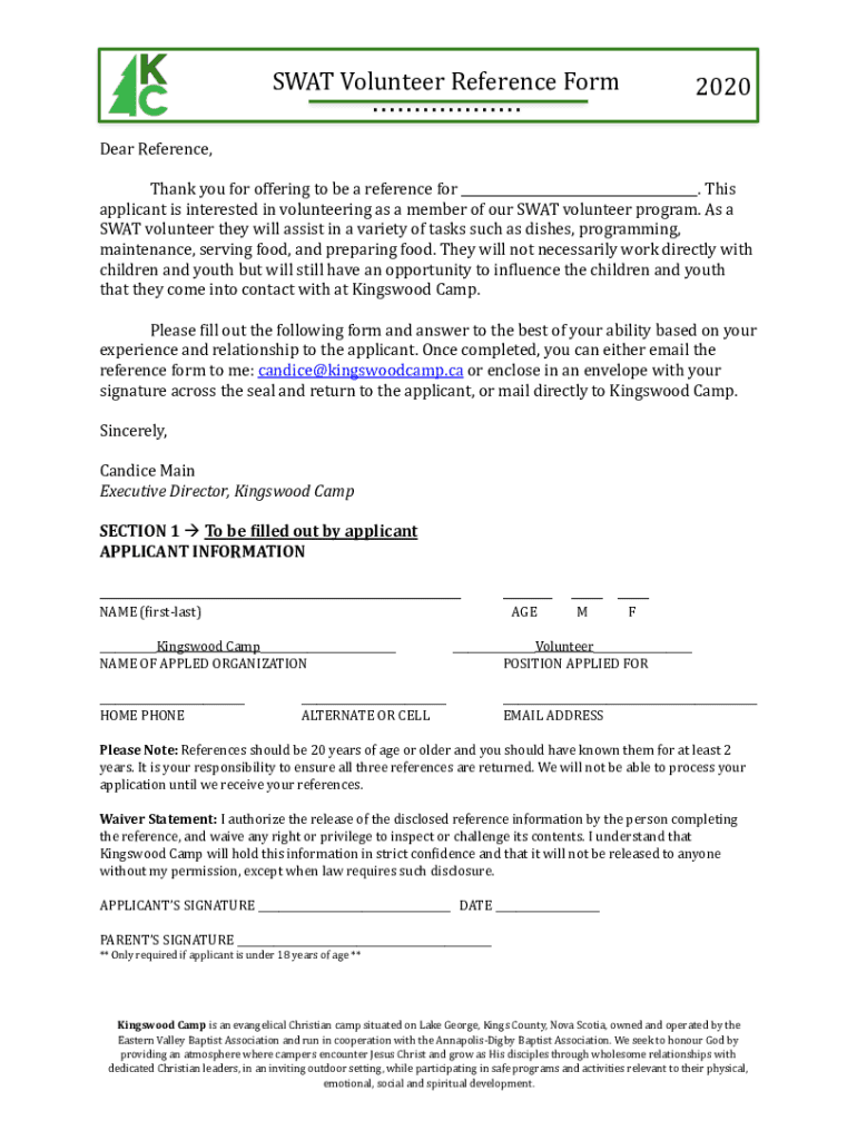 Fillable Online 2020 SWAT Volunteer Reference Form - Kingswood Camp Fax ...